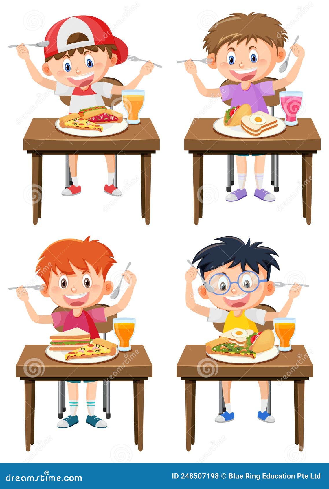 Different Boys Enjoy Eating Food Set Stock Vector - Illustration of ...