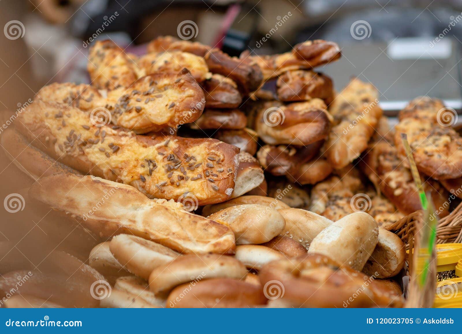 Different Bread Products on a Table in the Store. Stock Image - Image ...