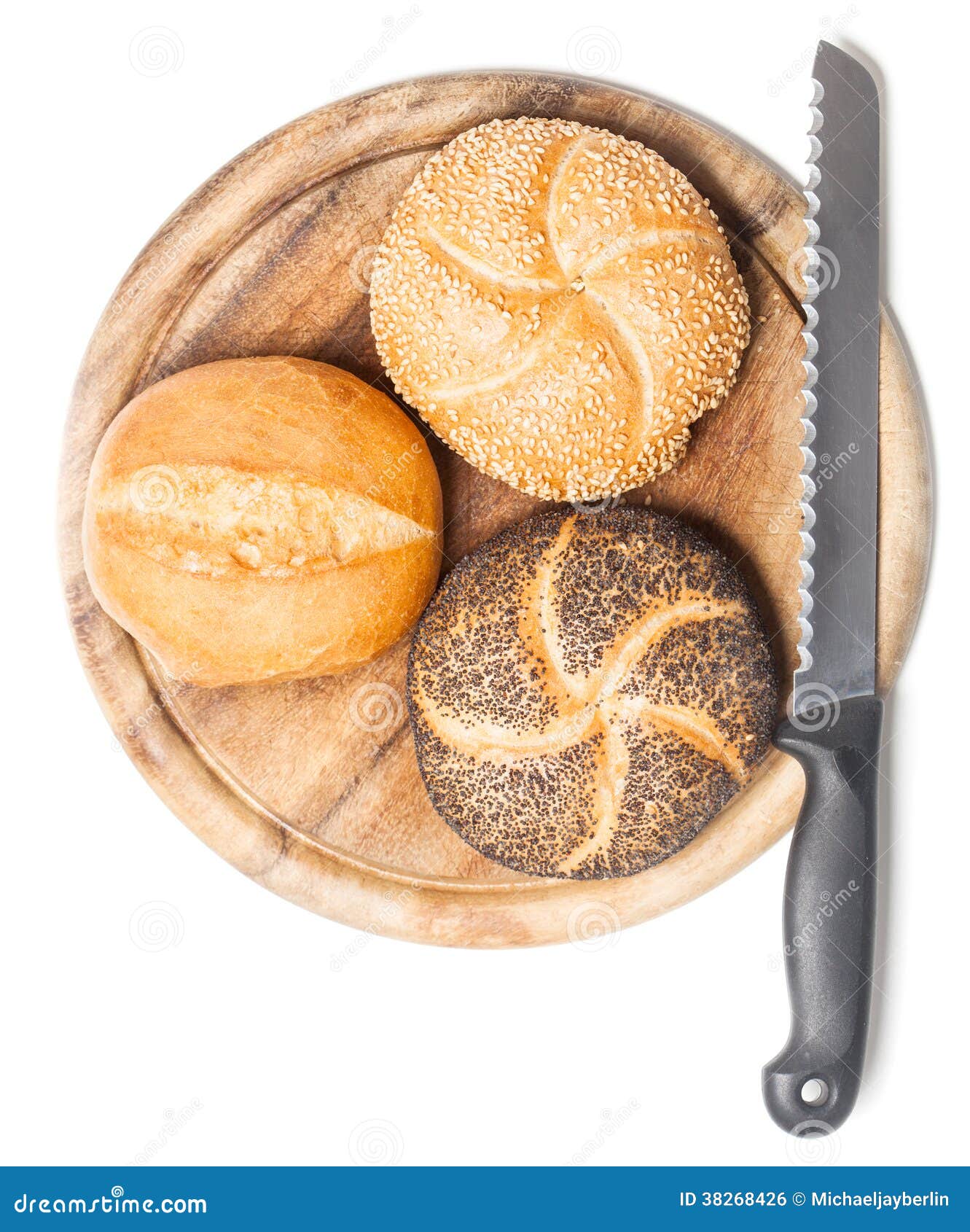 Different Bread Rolls on Cutting Board with Knife Stock Photo - Image ...