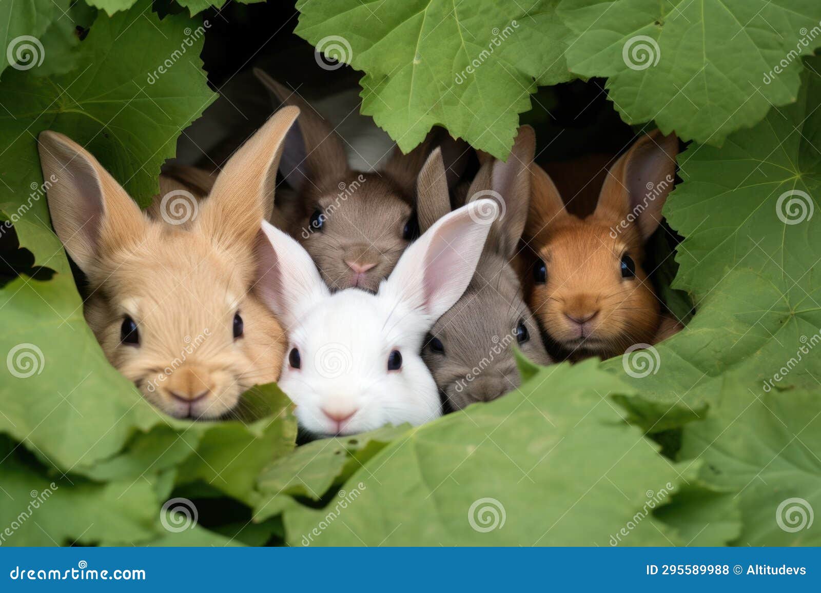 Different Breeds of Rabbits Huddled Together Under a Big Leaf Stock ...