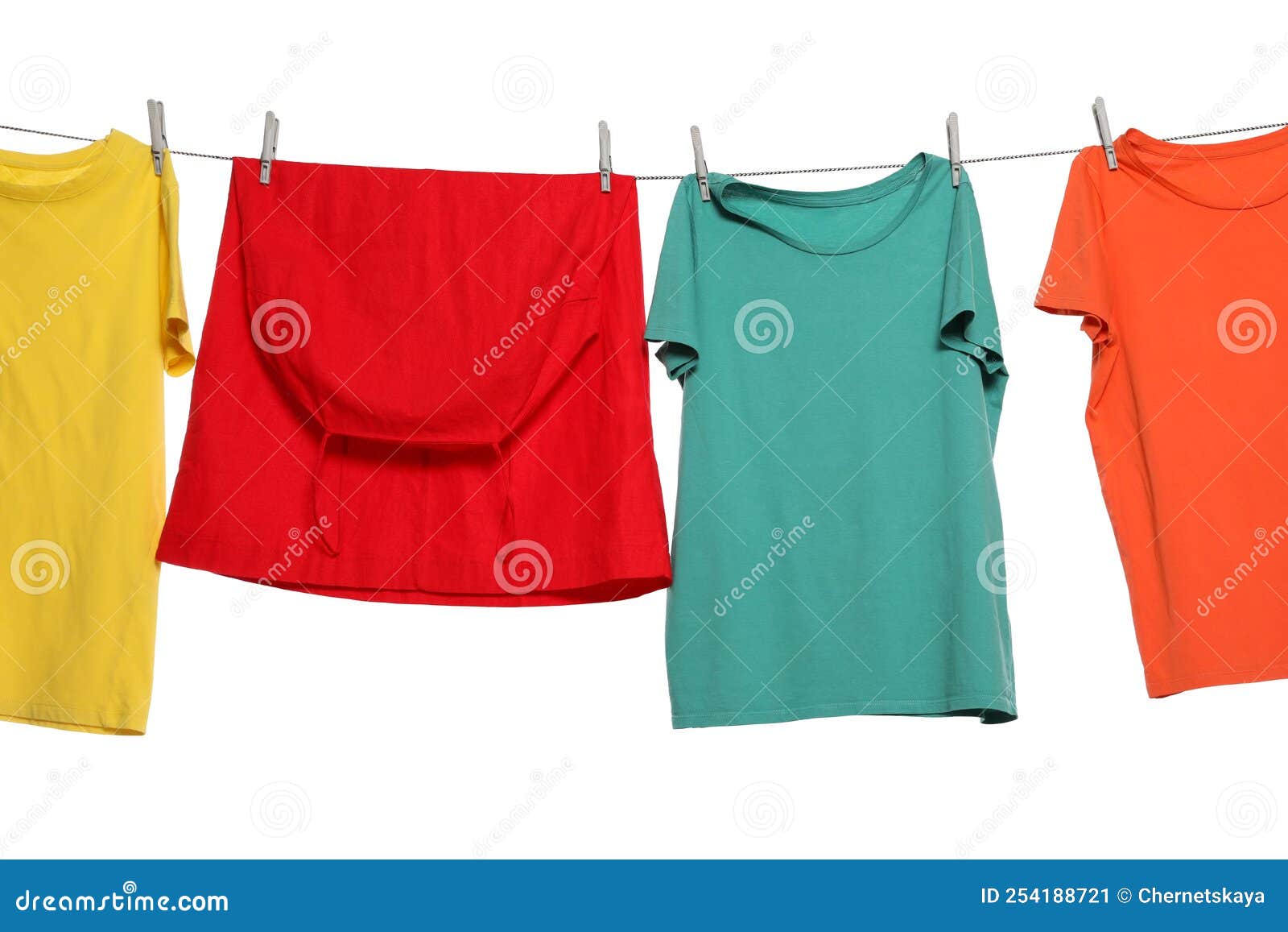 Different Bright Clothes Drying on Washing Line Against White ...