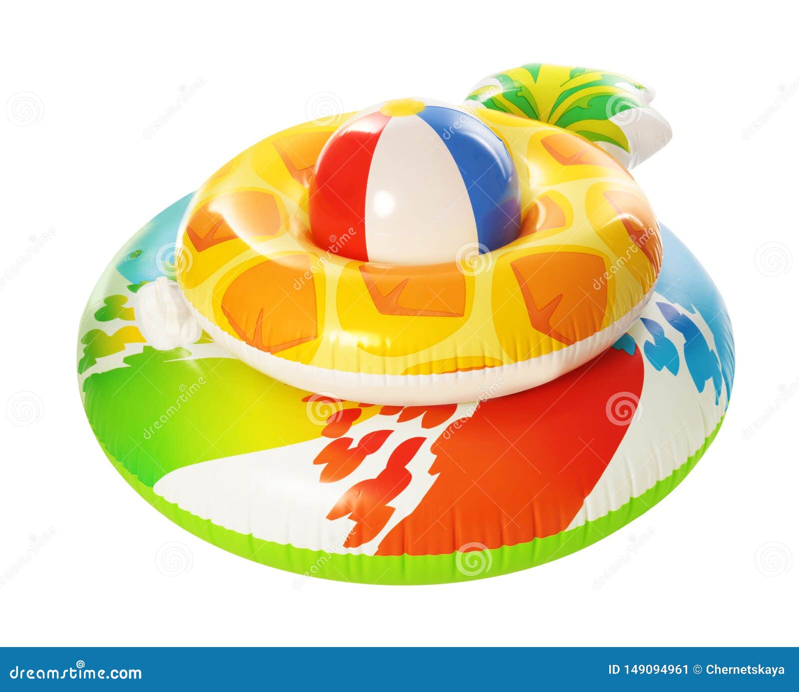 Different Bright Inflatable Rings with Beach Ball. Summer Holidays ...