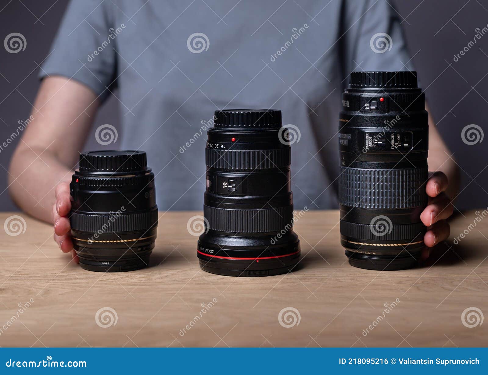 Different Camera Lenses on Wooden Table. 85 Mm, 35 Mm and 300 Mm Stock ...