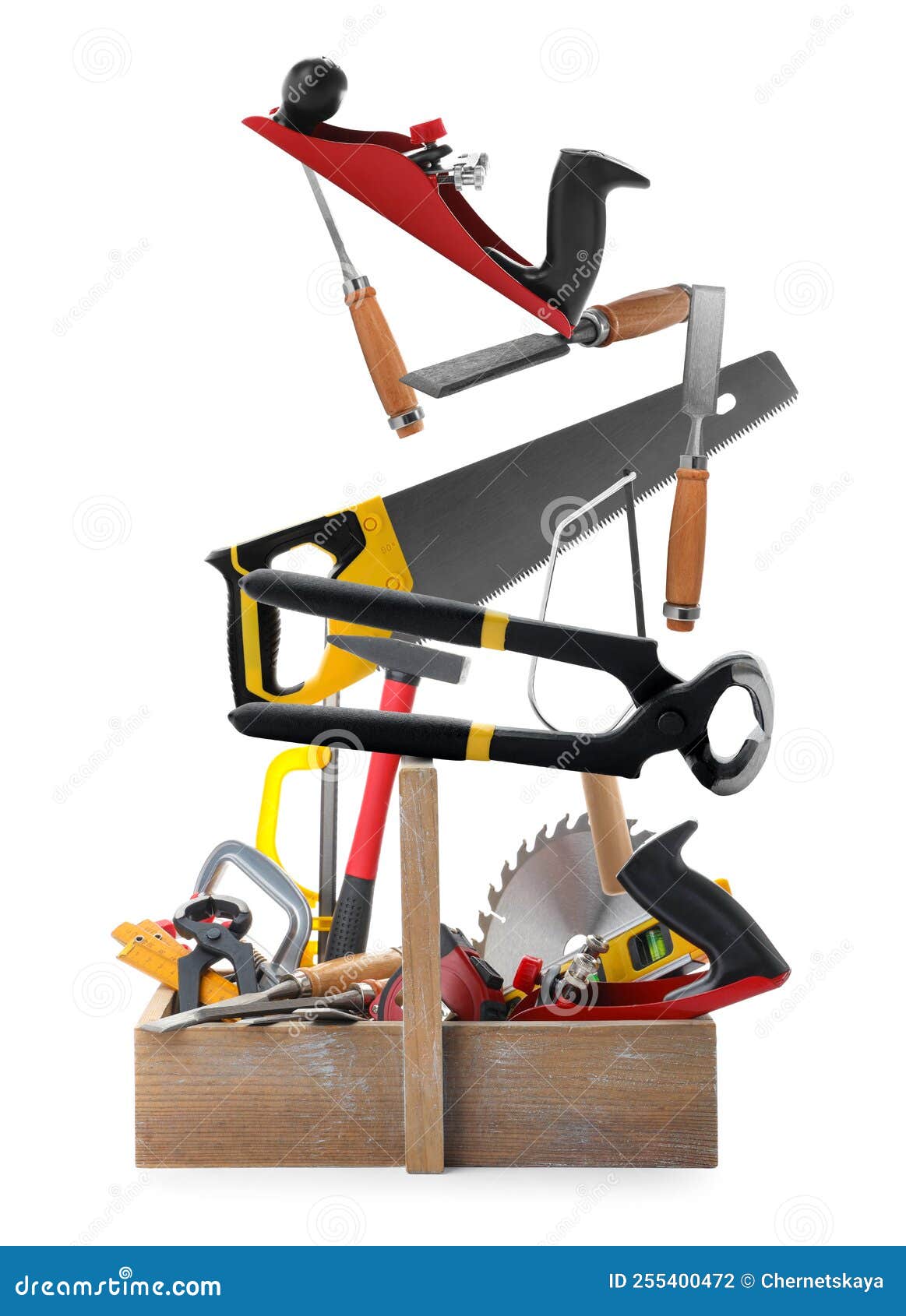 Different Carpenter`s Tools Falling into Wooden Box on White Background ...