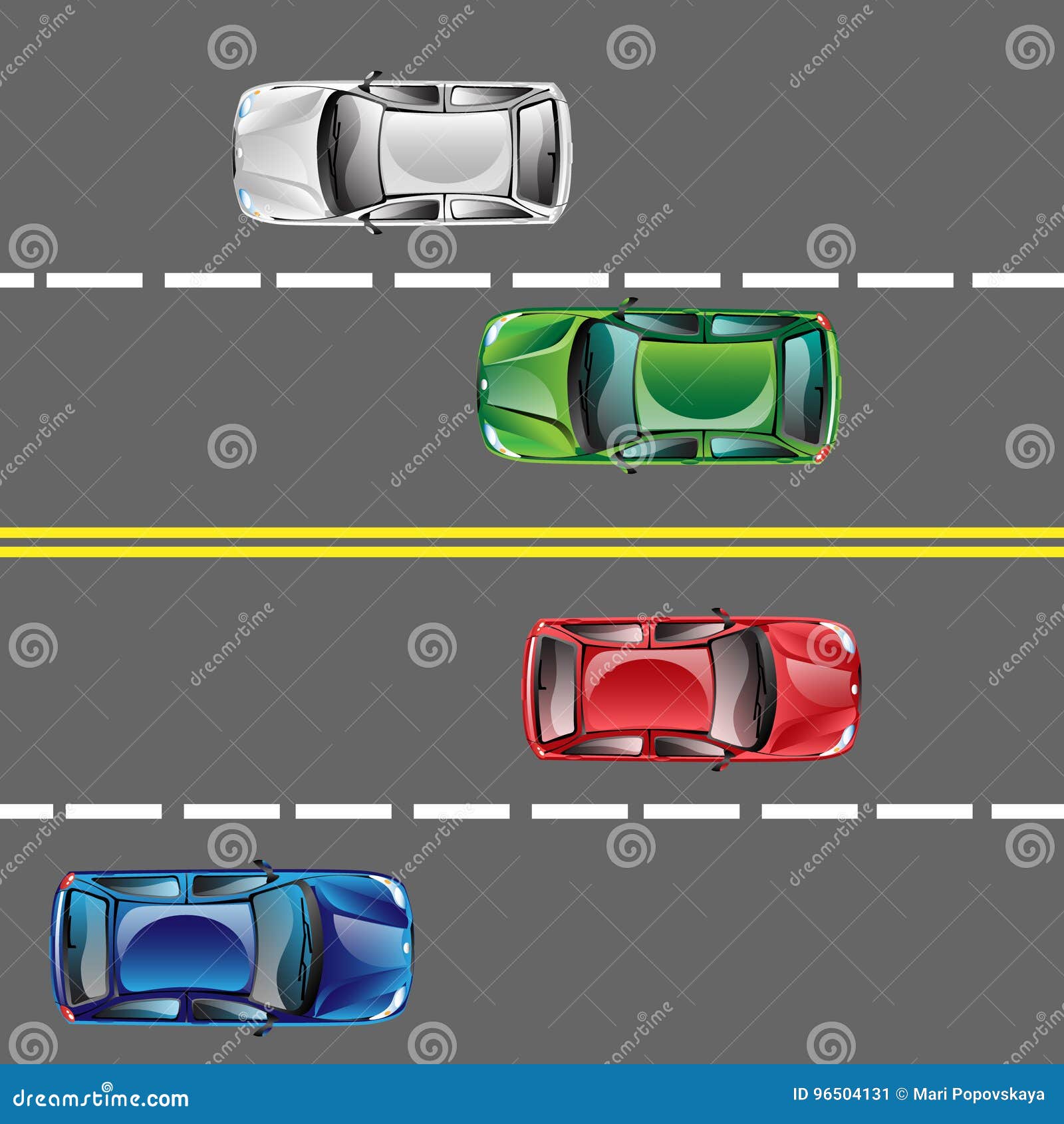 Different Cars Top View Position Set on the Road. Stock Vector ...
