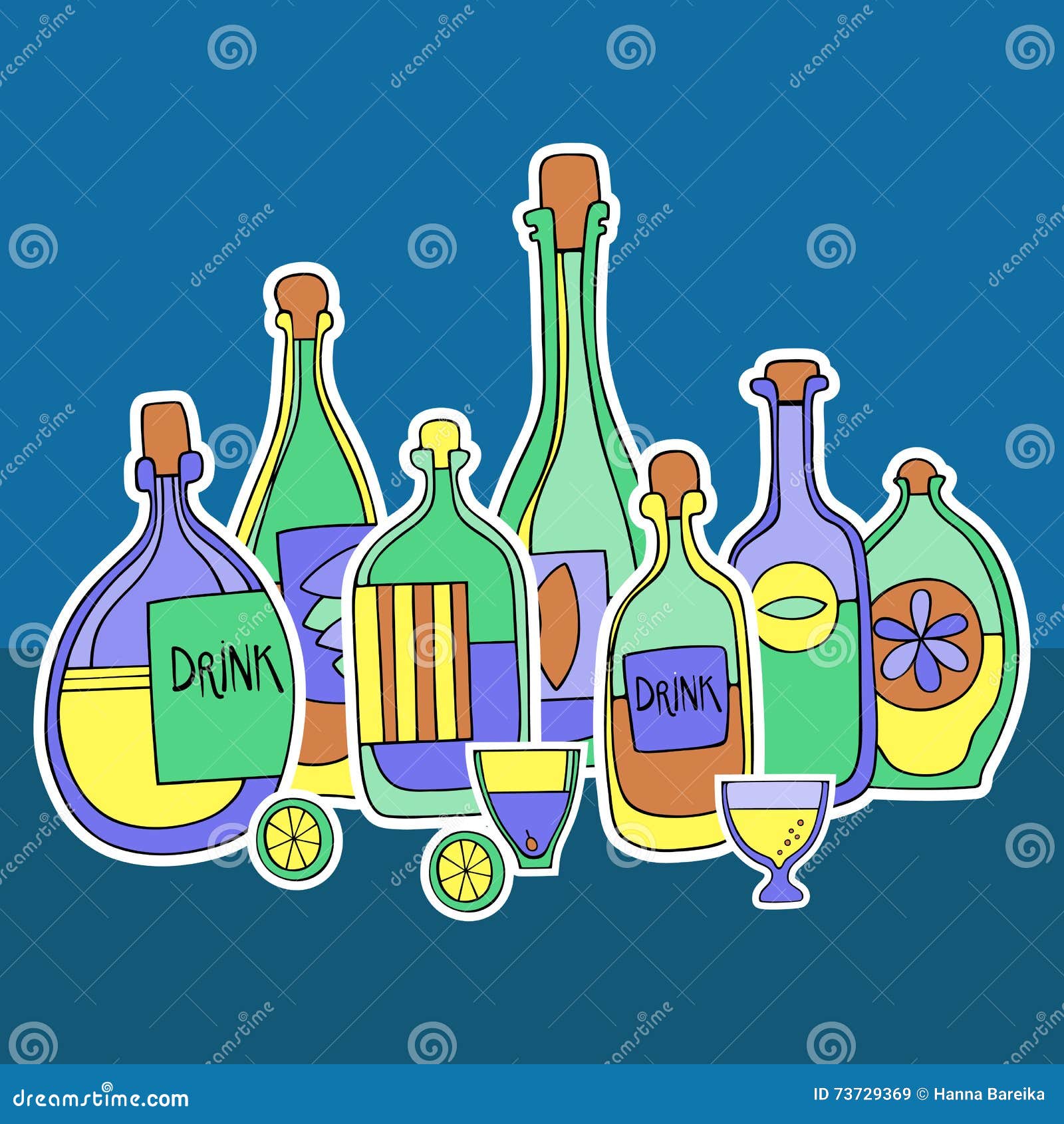 Different Cartoon Bottles and Glasses. Vector Illustration. Stock ...