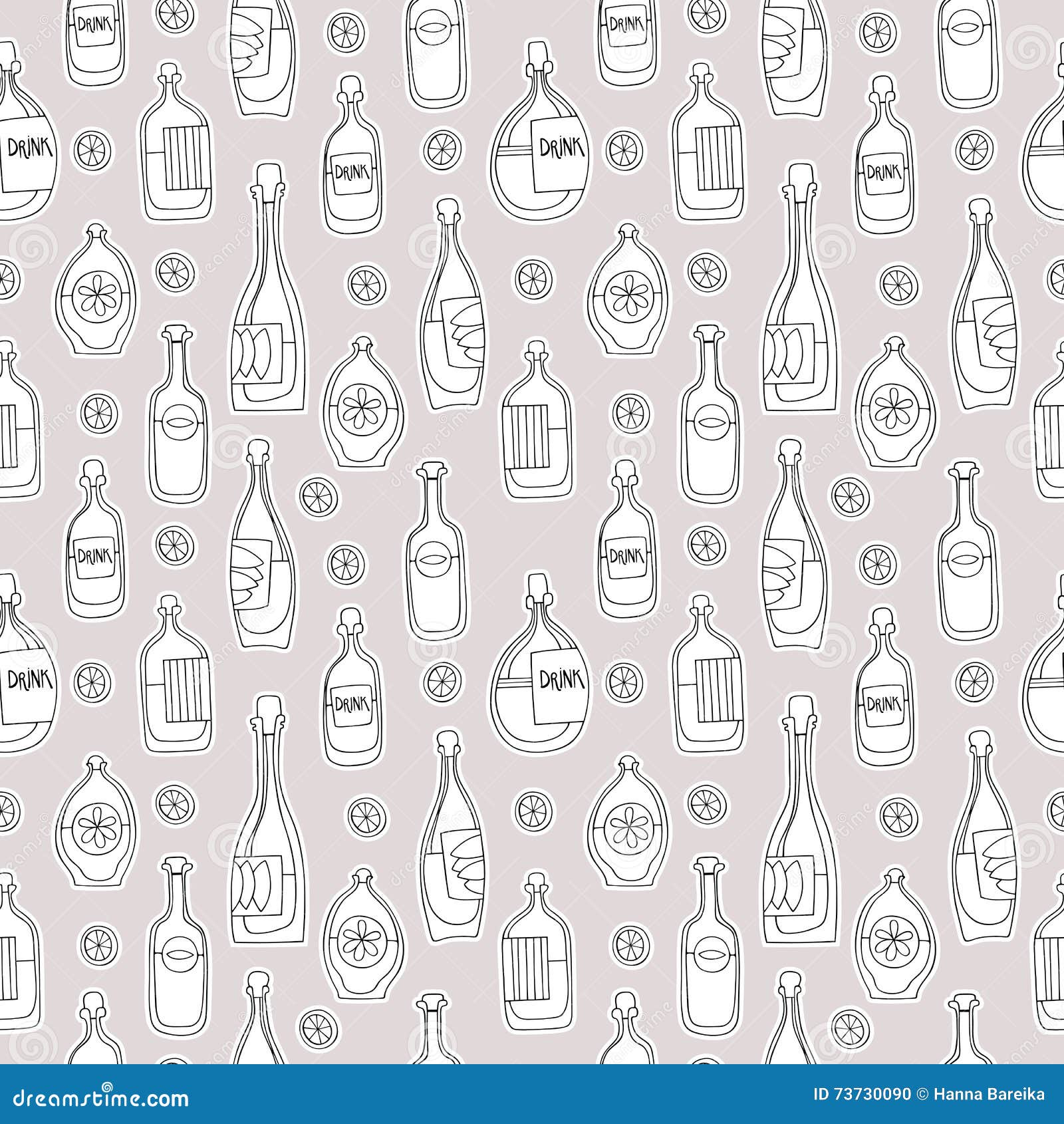 Different Cartoon Bottles. Monochrome Vector Seamless Pattern. Stock ...
