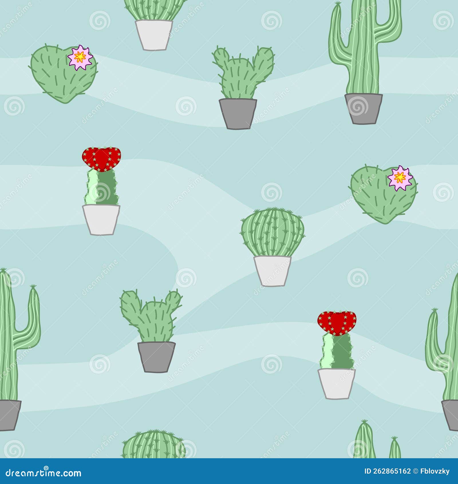 Different Cartoon Cacti in Pots, Seamless Pattern Stock Vector ...