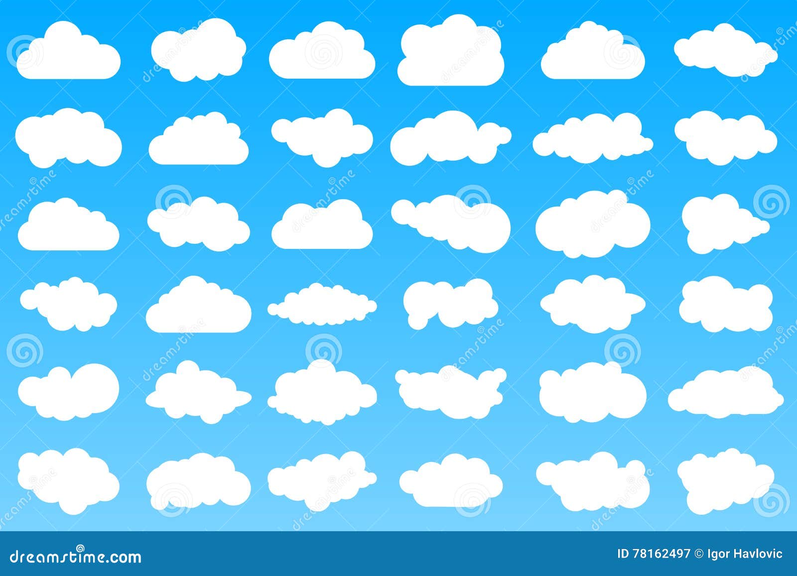 36 Different Cartoon Cloud Icons on Blue Gradient Background. Stock ...