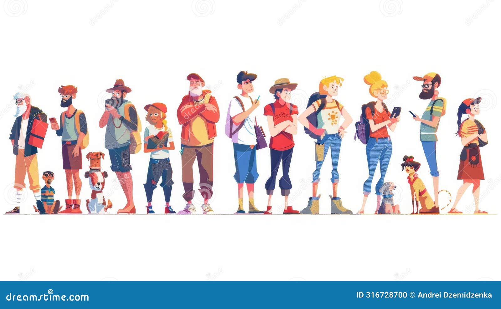 Different Characters Standing in Long Queue. Adults, Old People, Kids ... Different Characters Standing in Long Queue. Adults, Old People, Kids ...