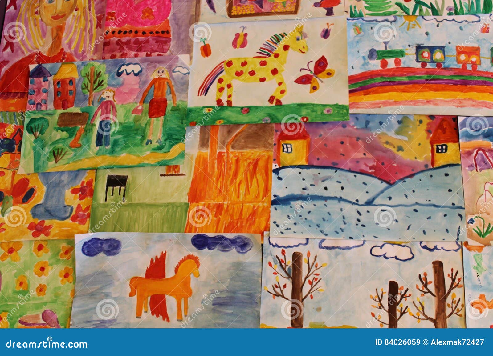 Different Childish Drawings on the Exhibition Stock Illustration ...