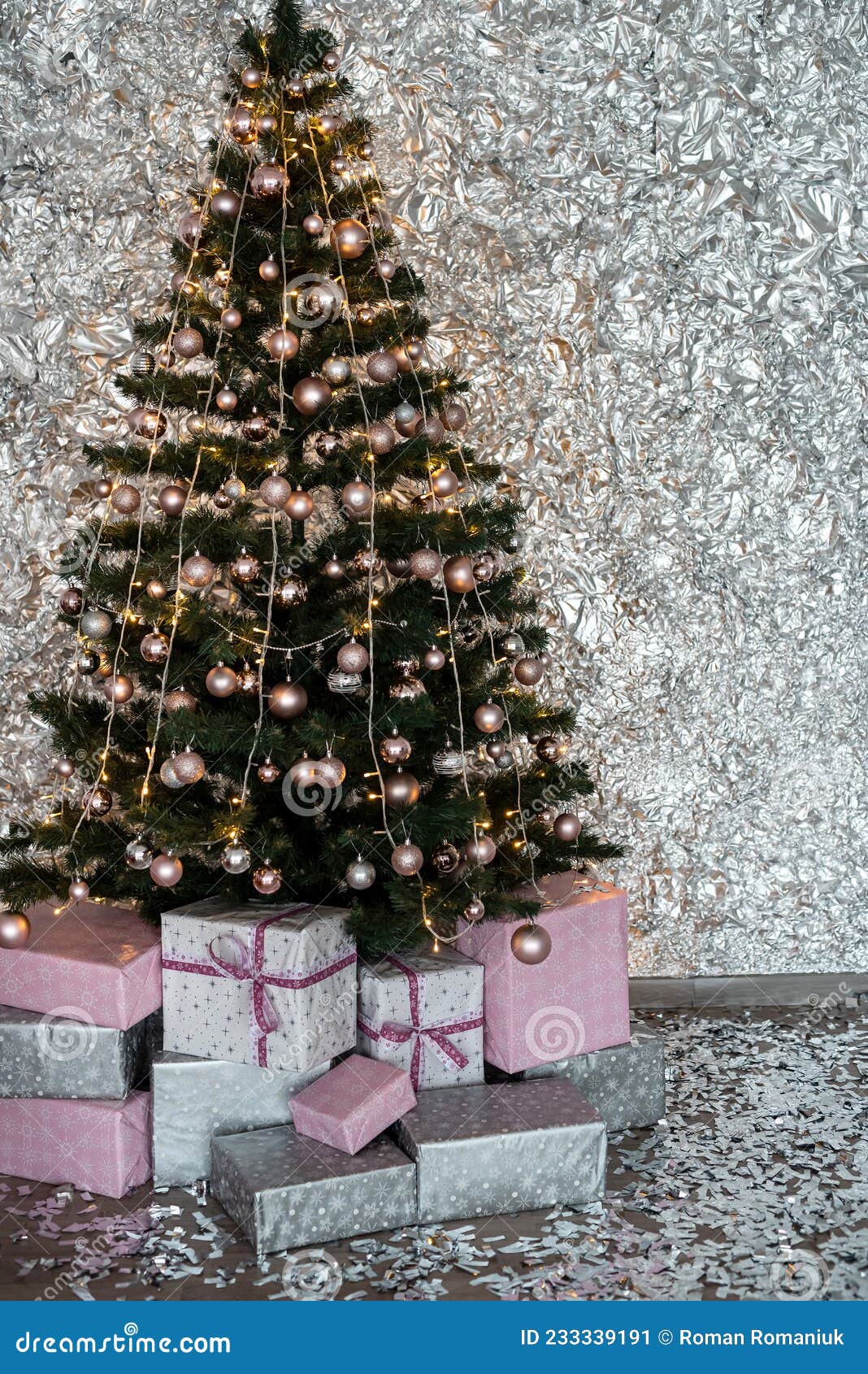 Different Christmas Gift Boxes on Floor Under Fir Tree Stock Image ...