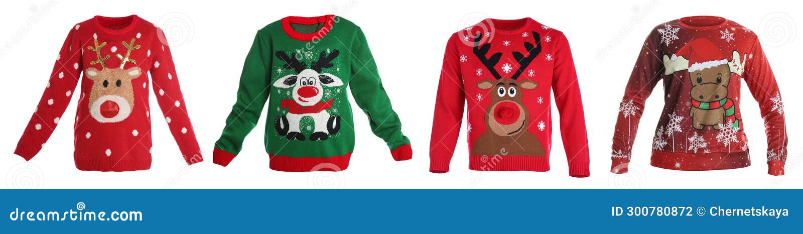 Different Christmas Sweaters Isolated on White, Collection Stock Photo ...