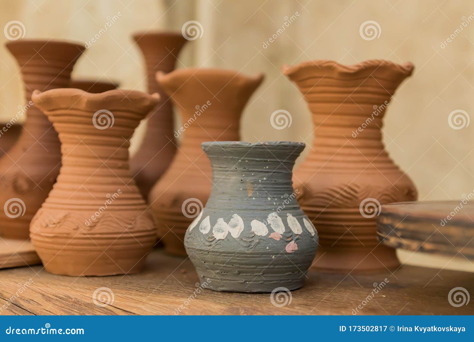 Different Clay Pots on a Wooden Table Stock Image - Image of empty ...