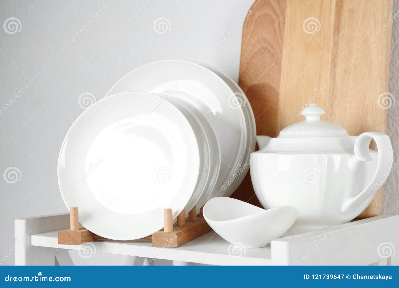Different Clean Tableware on Shelf Stock Image - Image of design ...
