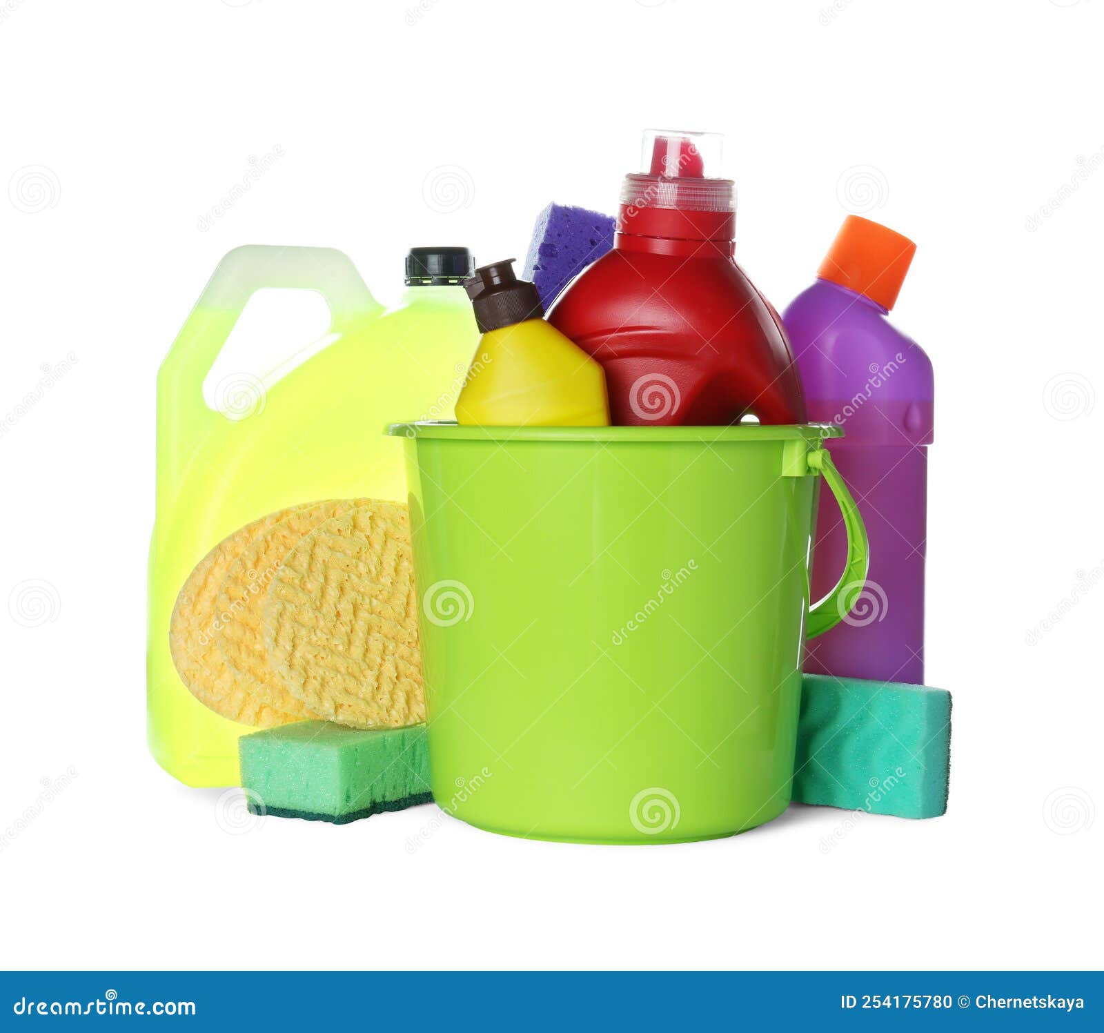 Different Cleaning Supplies and Tools on White Background Stock Photo ...