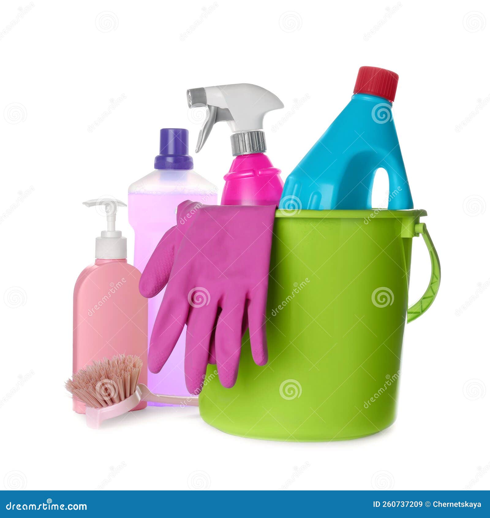 Different Cleaning Supplies and Tools on White Background Stock Image ...
