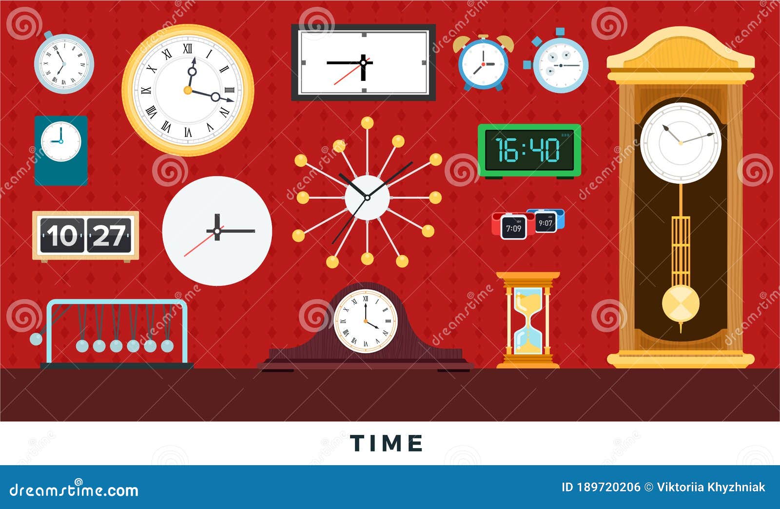 Set Of Different Old Clocks. Sundial, Hourglass, Alarm Clock. Hand ...