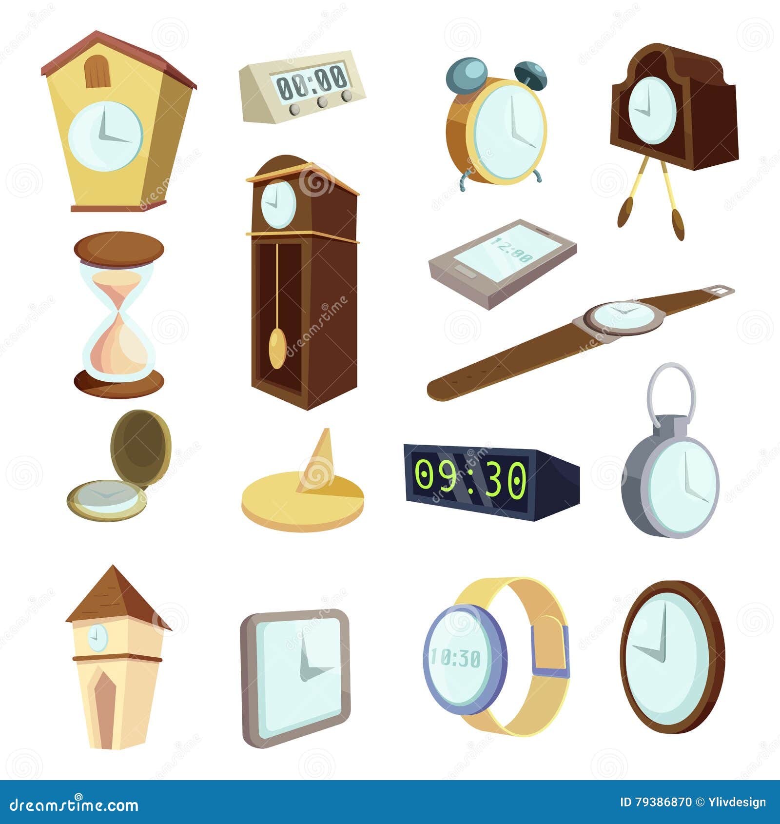 Set Of Different Old Clocks. Sundial, Hourglass, Alarm Clock. Hand ...