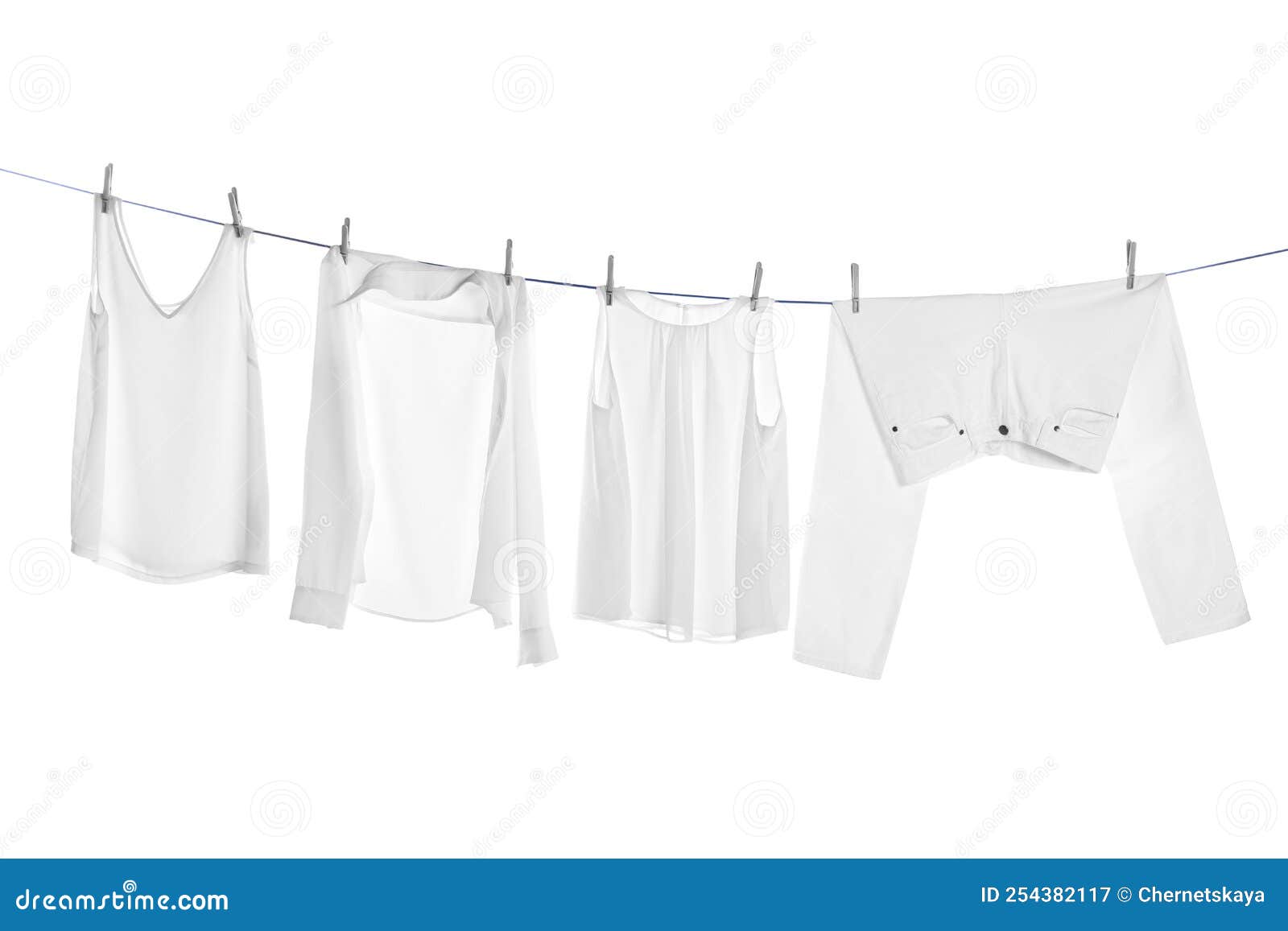 Different Clothes Drying on Laundry Line Against White Background Stock ...