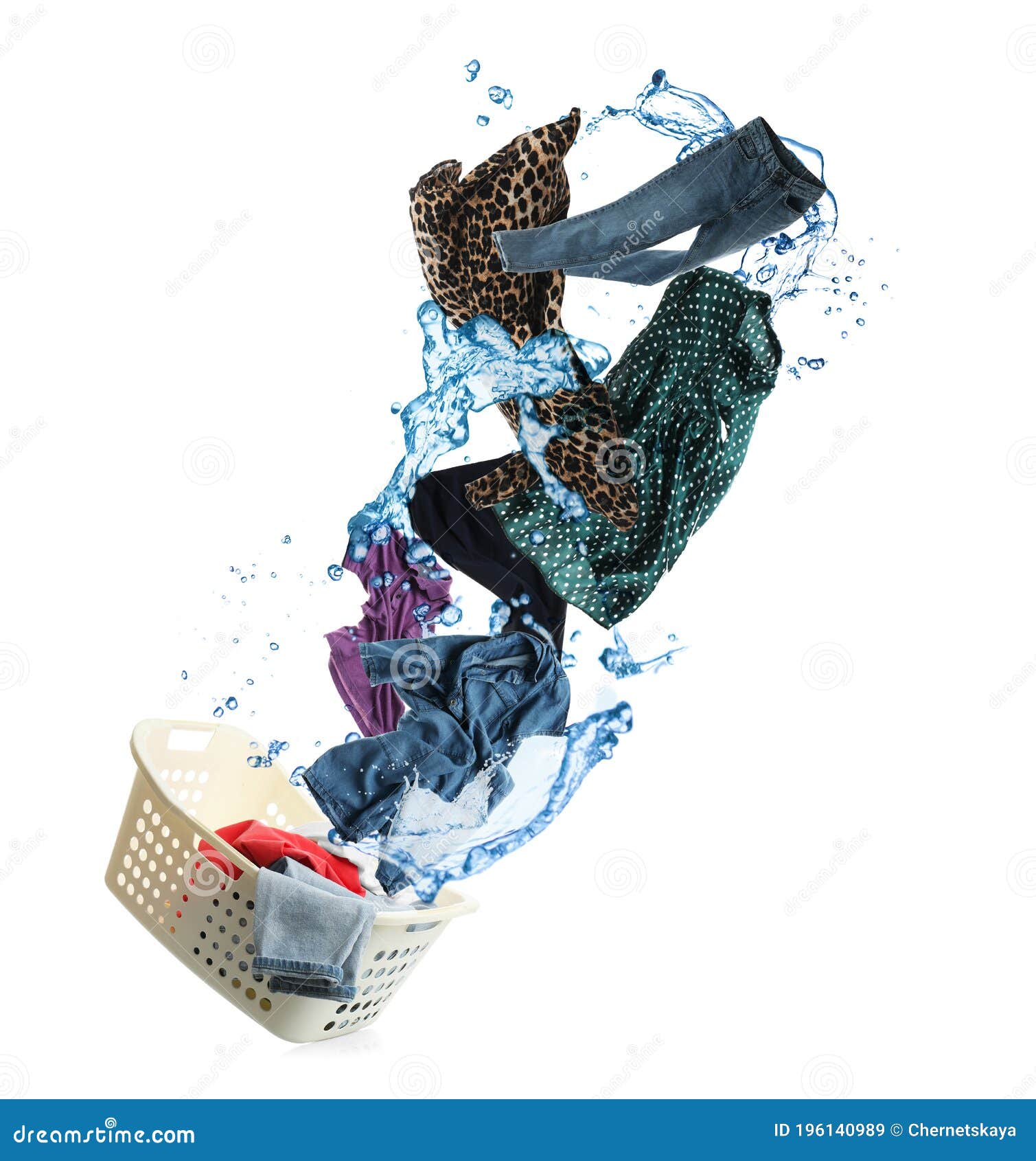 Different Clothes With Water Splash Falling Into Laundry Basket Against ...