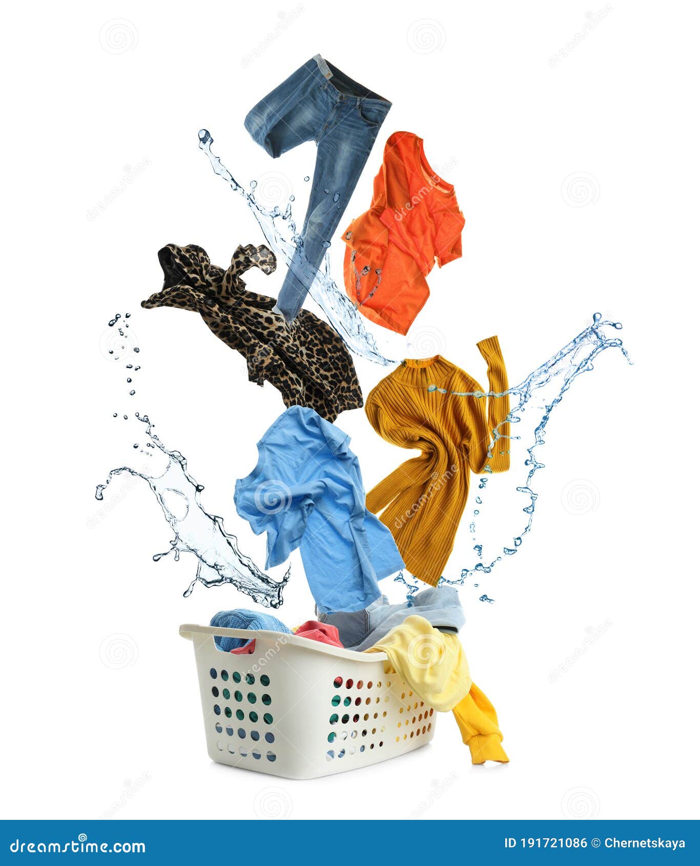 Different Clothes With Water Splash Falling Into Laundry Basket Against ...