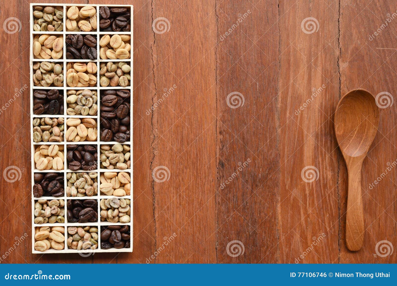 Different Coffee Forms in Wooden Box and Wooden Spoon Stock Photo ...