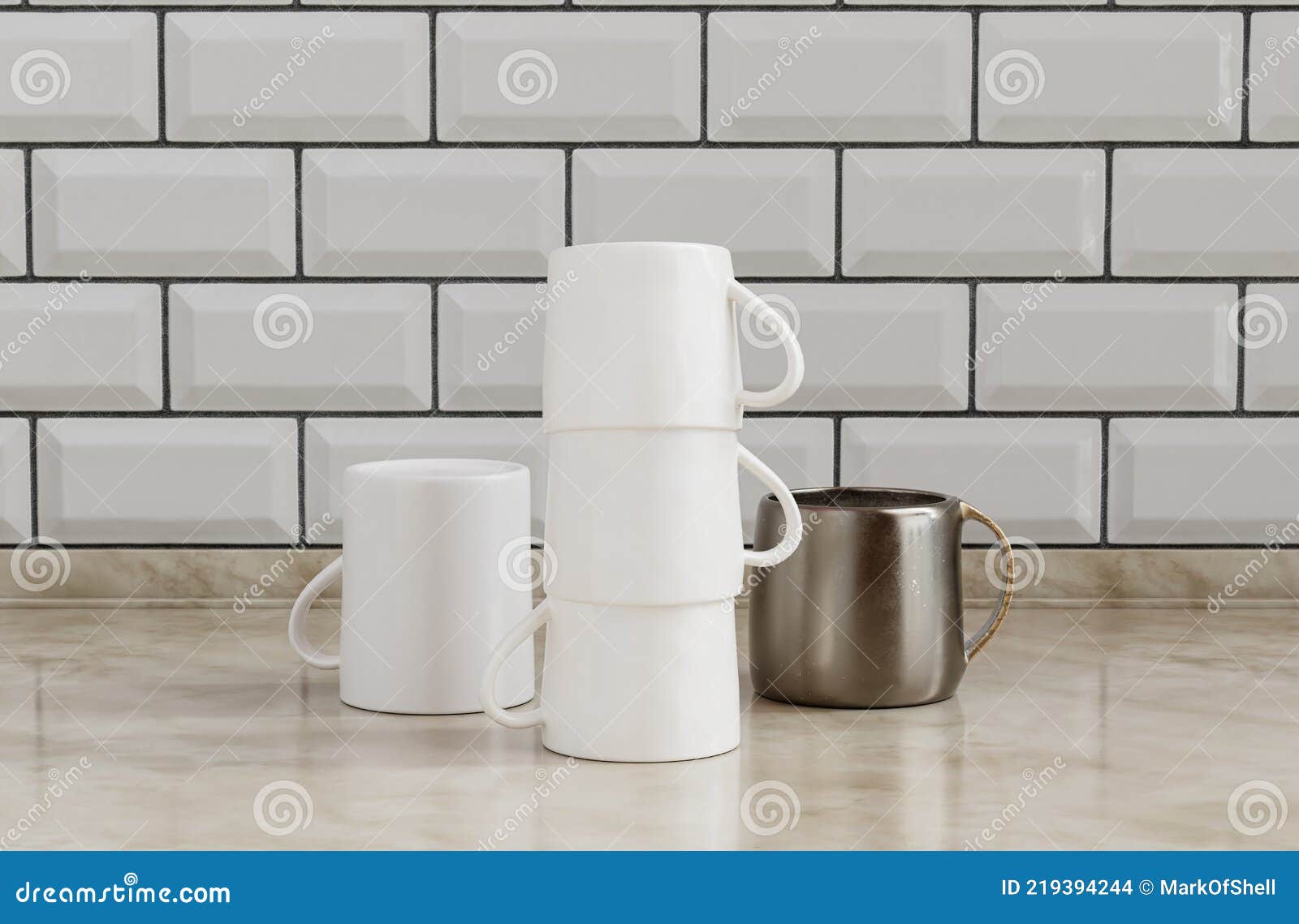 Different Coffee Mugs Side by Side on Kitchen Countertop with Wall ...