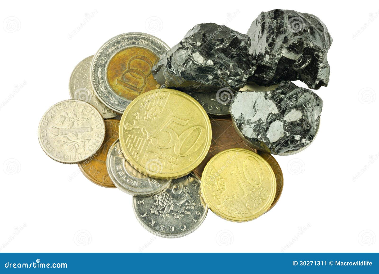 Different Coins and Raw Coal on Top Stock Image - Image of column ...