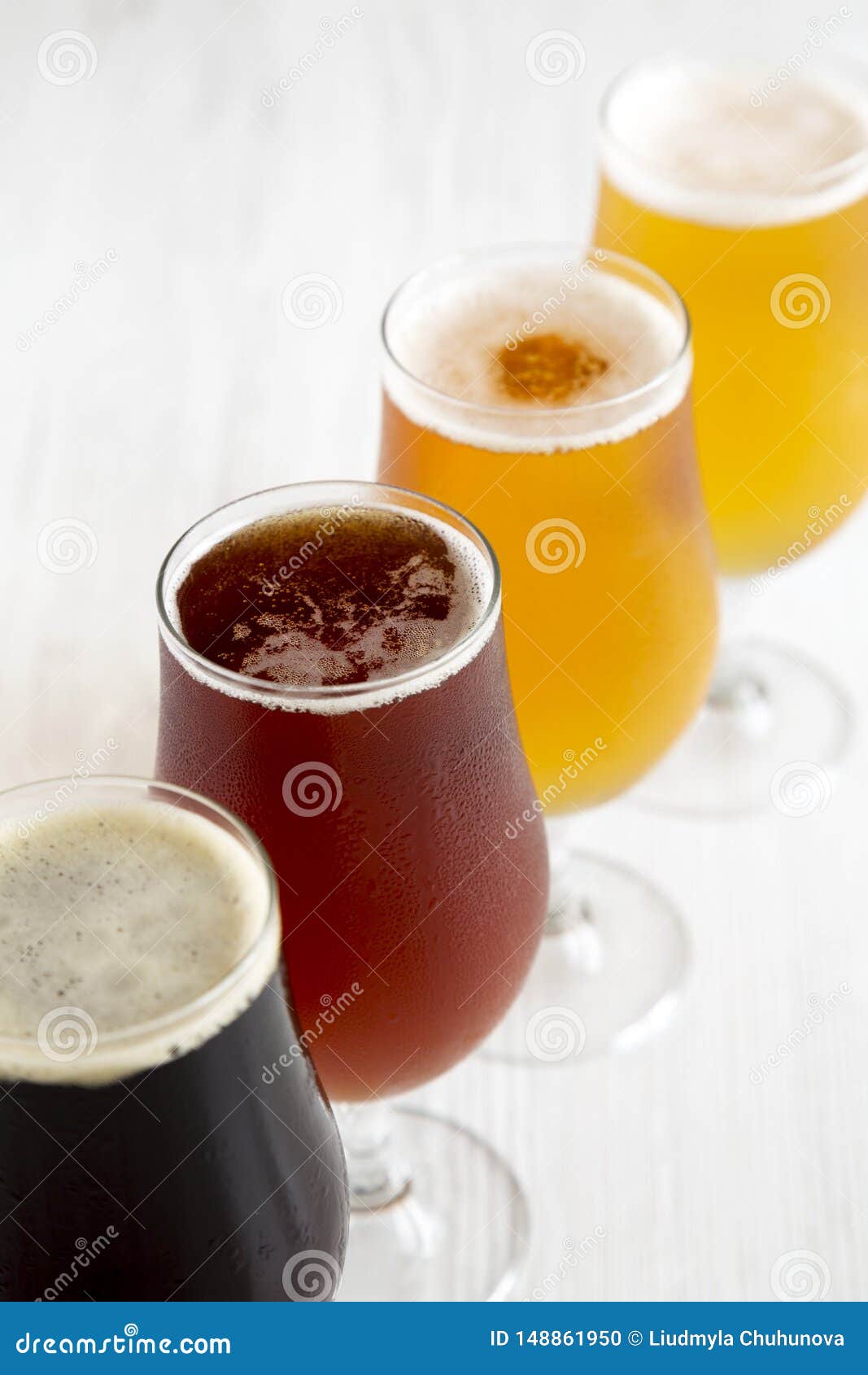Different Cold Craft Beer, Side View. Close-up Stock Photo - Image of ...