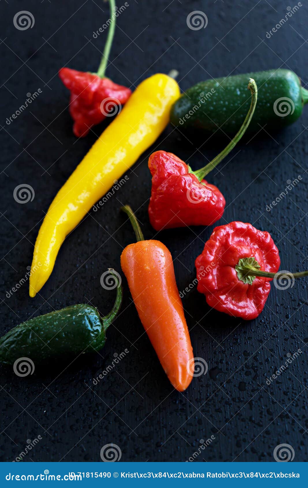Different Color Chili Peppers on Black Background Stock Photo - Image ...