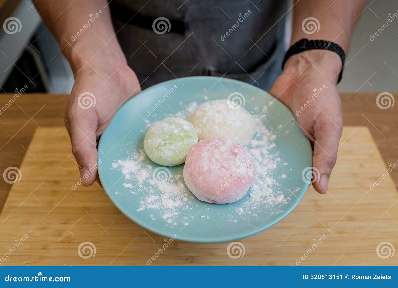 Different Color Delicious Japanese Mochi on the Blue Plate Stock Image ...