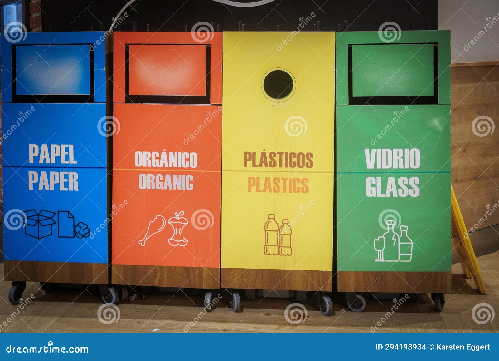 Different Color Garbage Garbage Cans Stand Next To Each Other To the ...
