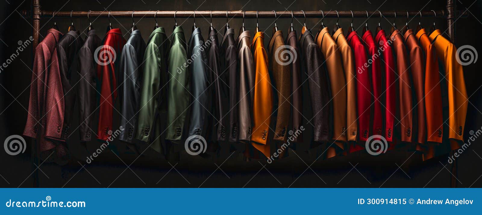 Different Color Jackets Hanging on Rack on Dark Background Stock ...