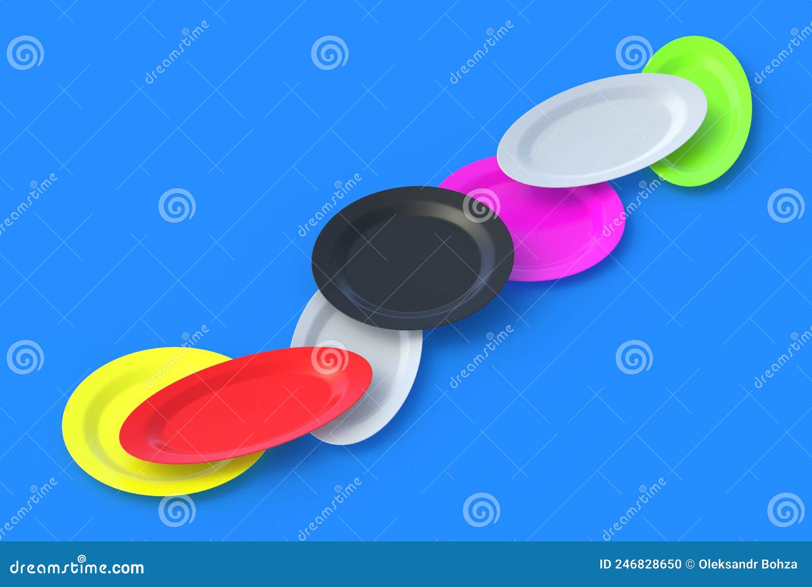 Different Color Plates on Blue Background. Top View Stock Illustration ...