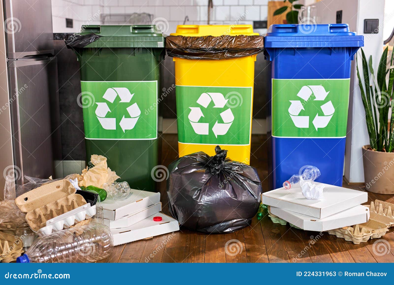 Different Colored Bins for Collection of Recycle Materials, Copy Space ...