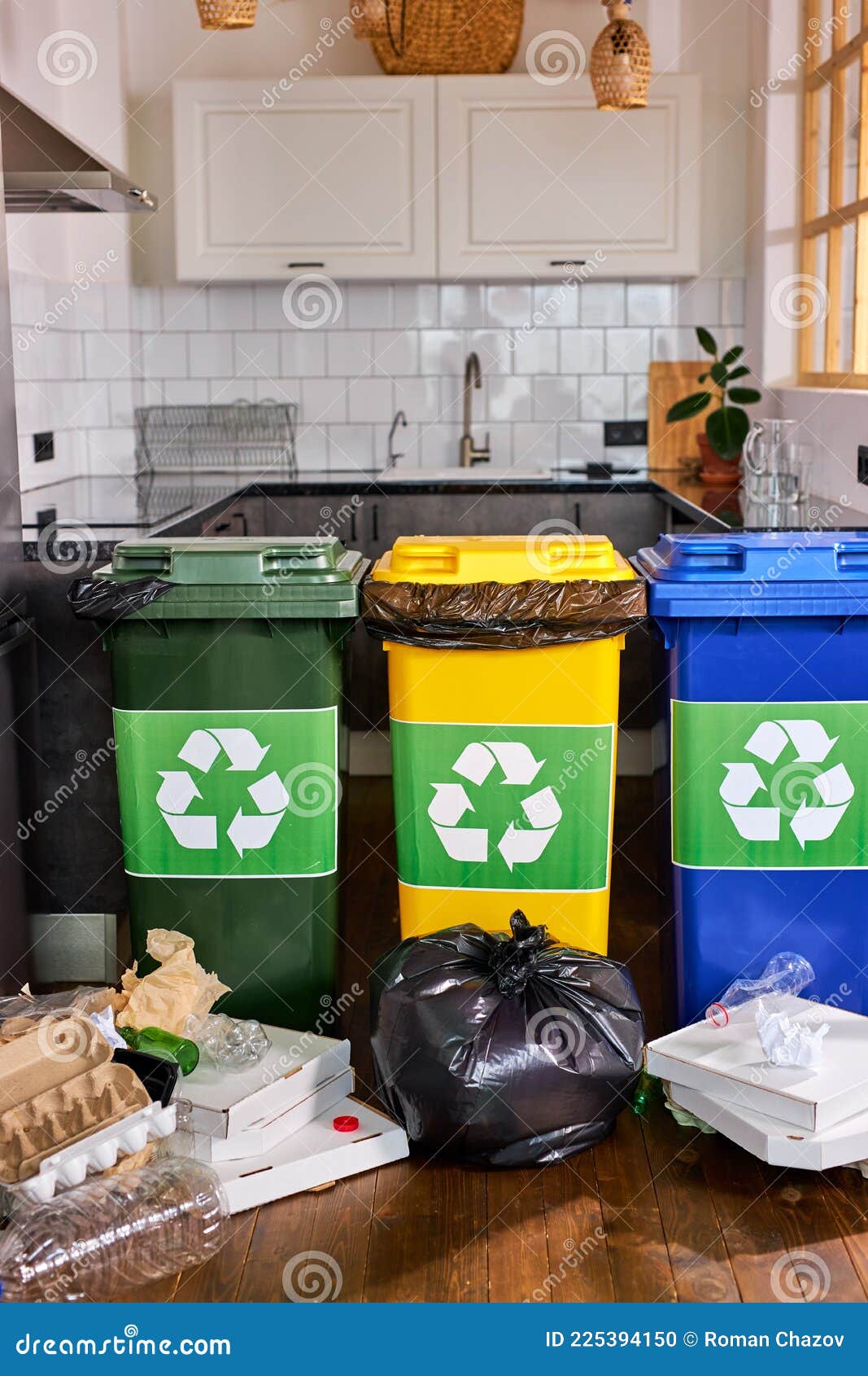 Different Colored Bins for Collection of Recycle Materials, Copy Space ...