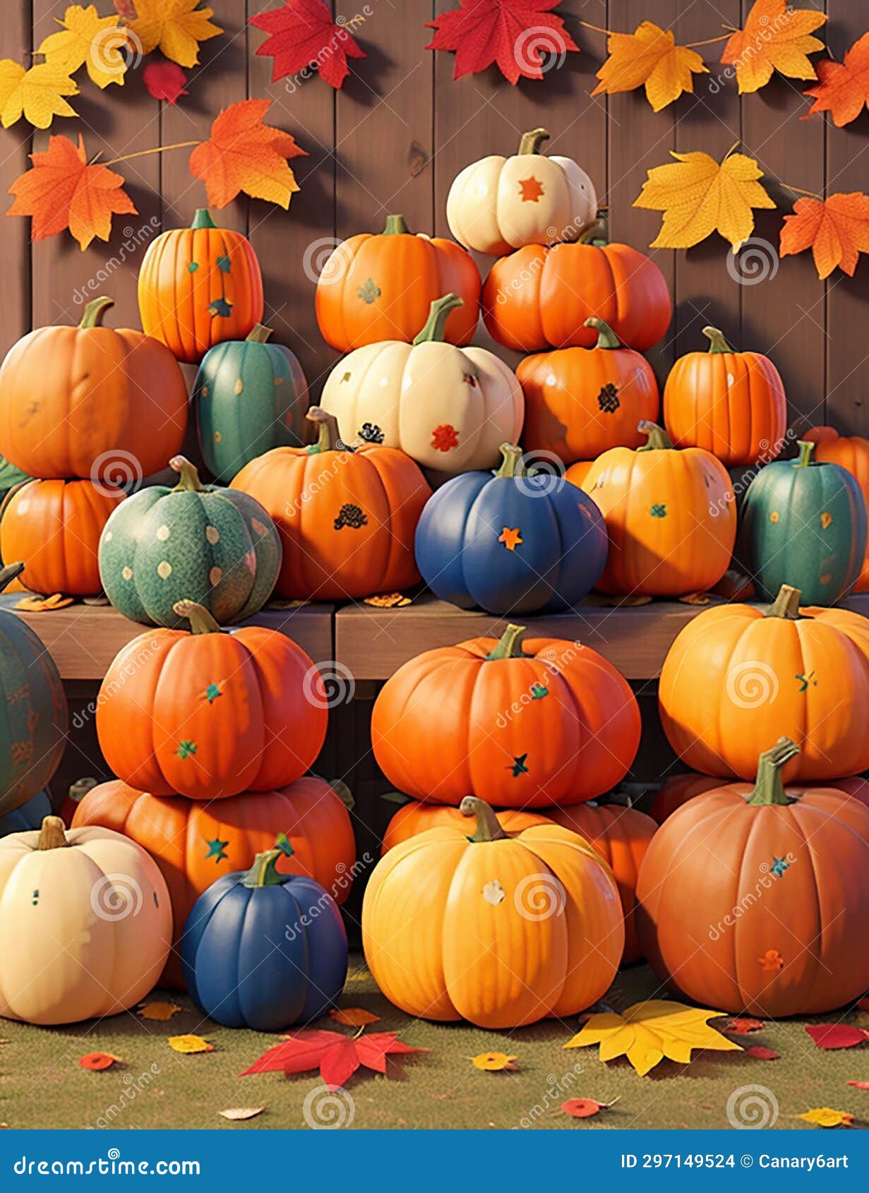 Different Colored Halloween Pumpkins with Orange Leaves Stock ...