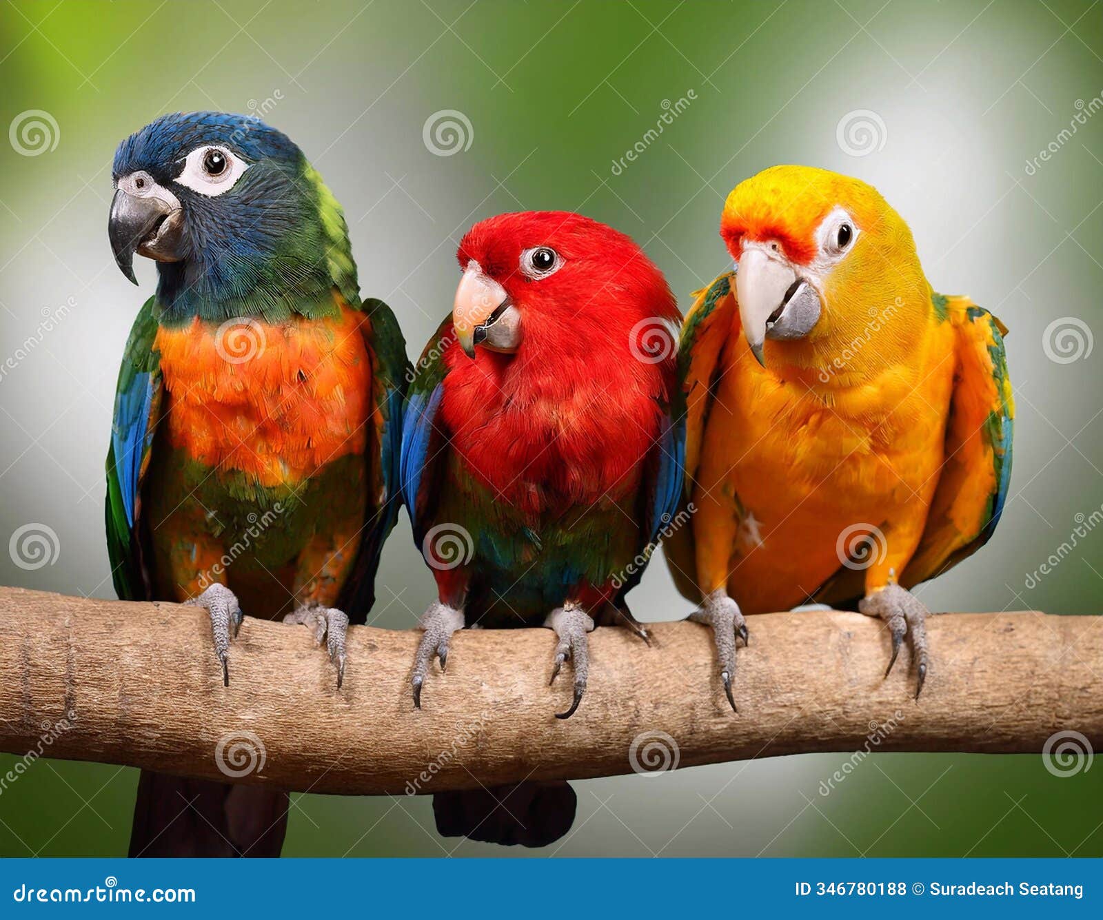 Different Colored Parrots on a Branch Stock Illustration - Illustration ...