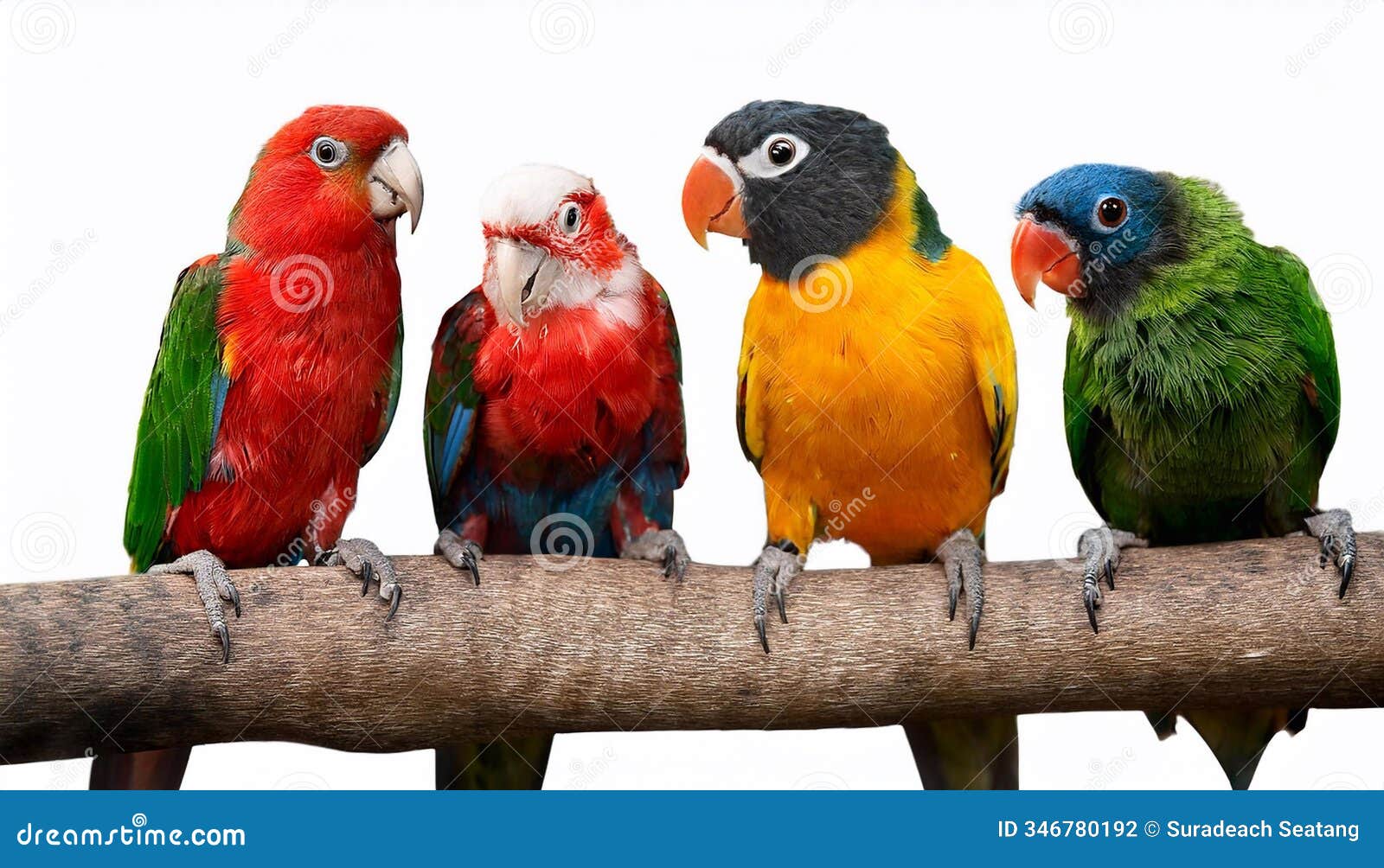 Different Colored Parrots on a Branch Stock Illustration - Illustration ...