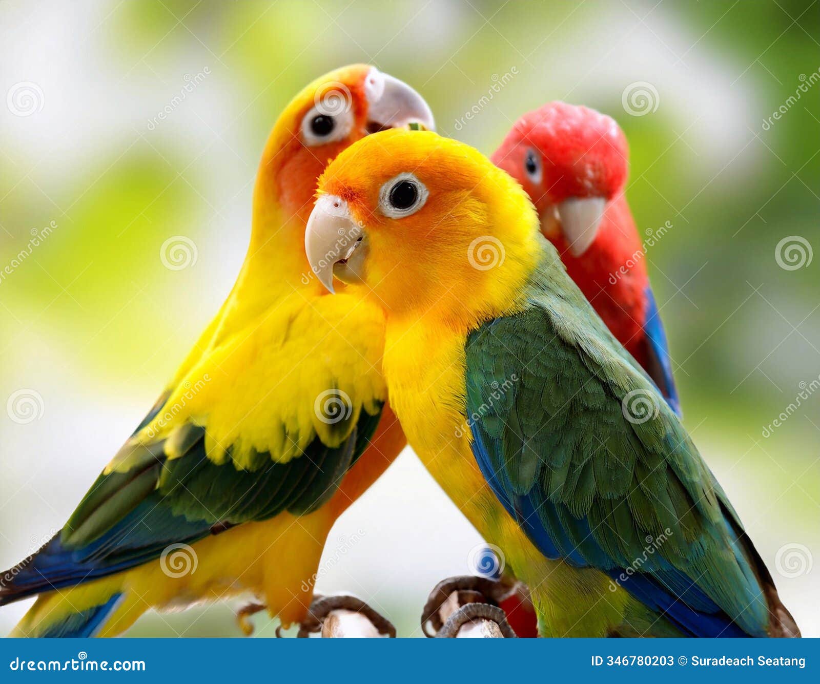 Different Colored Parrots on a Branch Stock Illustration - Illustration ...