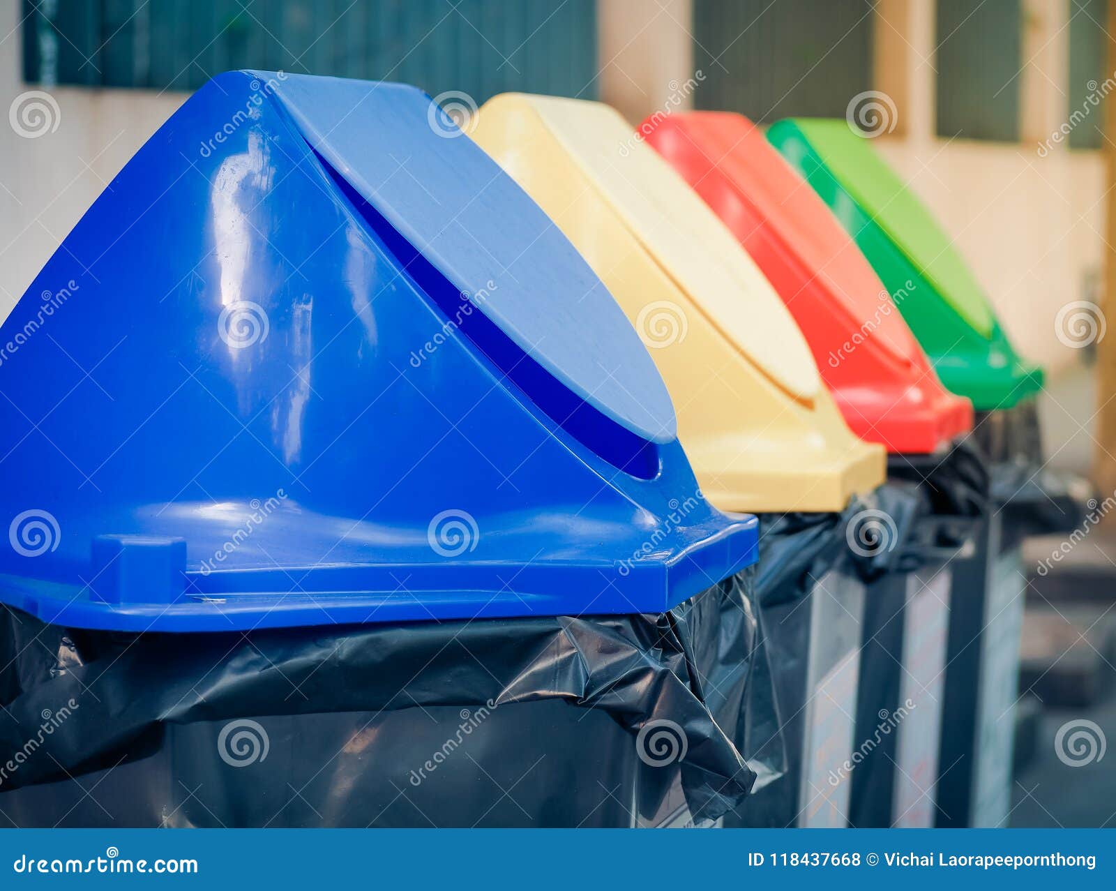 Different Colored Recycle Garbage Trash Bins in the Park. Stock Photo ...