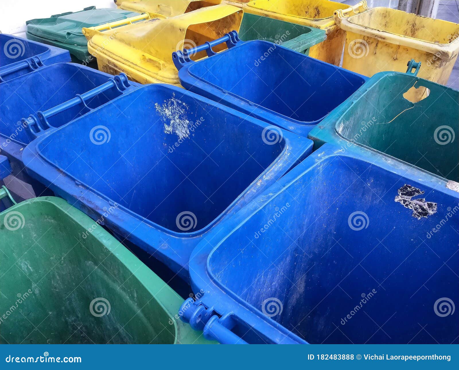 Different Colored Recycle Garbage Trash Bins at Sidewalk Stock Photo ... Different Colored Recycle Garbage Trash Bins at Sidewalk Stock Photo ...