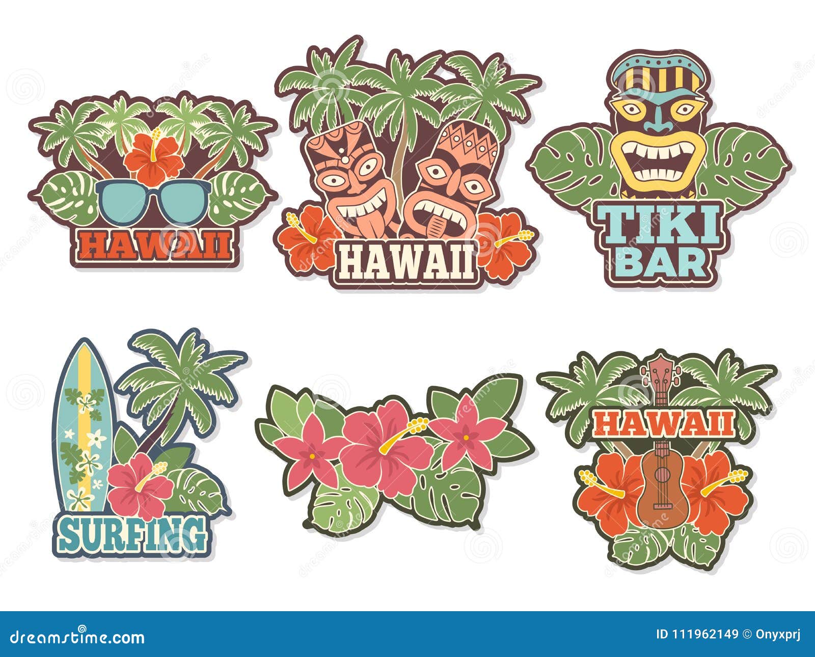 Different Colored Stickers and Badges Set with Symbols of Hawaiian ... Different Colored Stickers and Badges Set with Symbols of Hawaiian ...