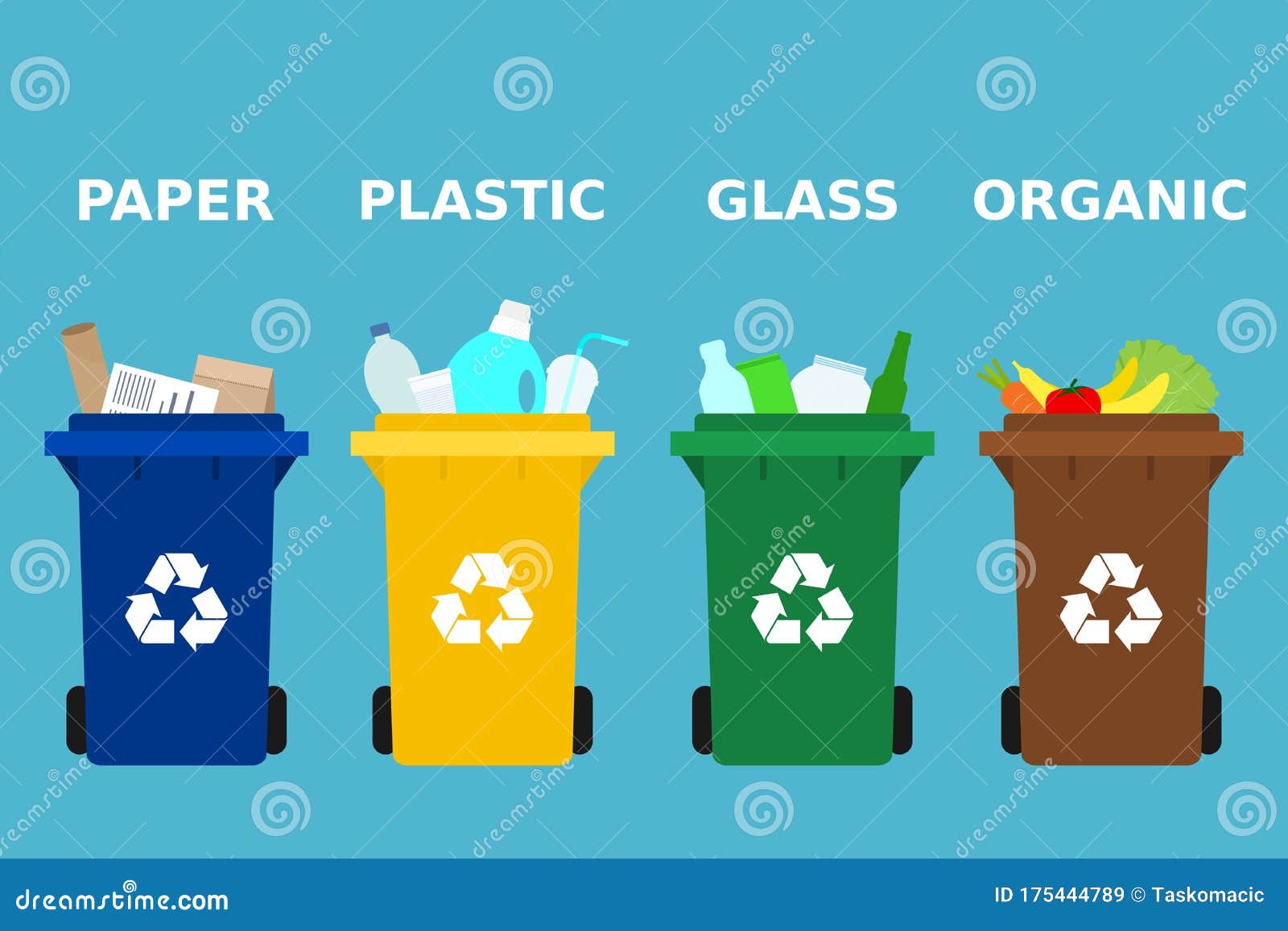 Different Colored Trash Cans with Paper, Plastic, Glass and Organic ... Different Colored Trash Cans with Paper, Plastic, Glass and Organic ...