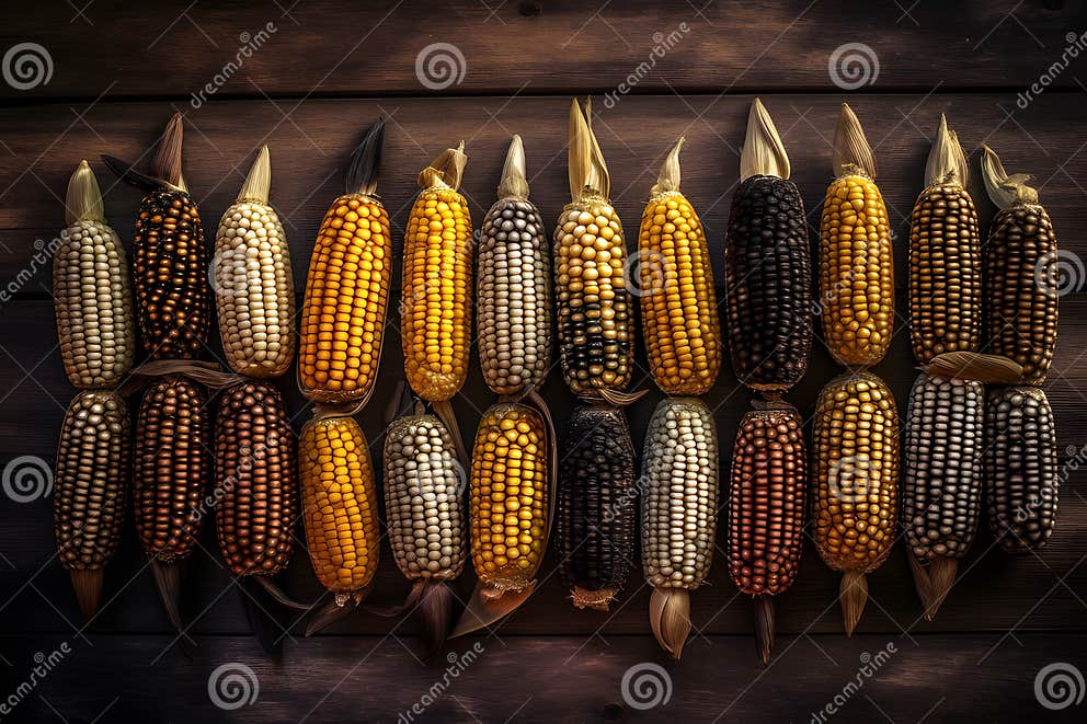 Different, Colored Varieties of Corn on a Wooden Background, Top View ...