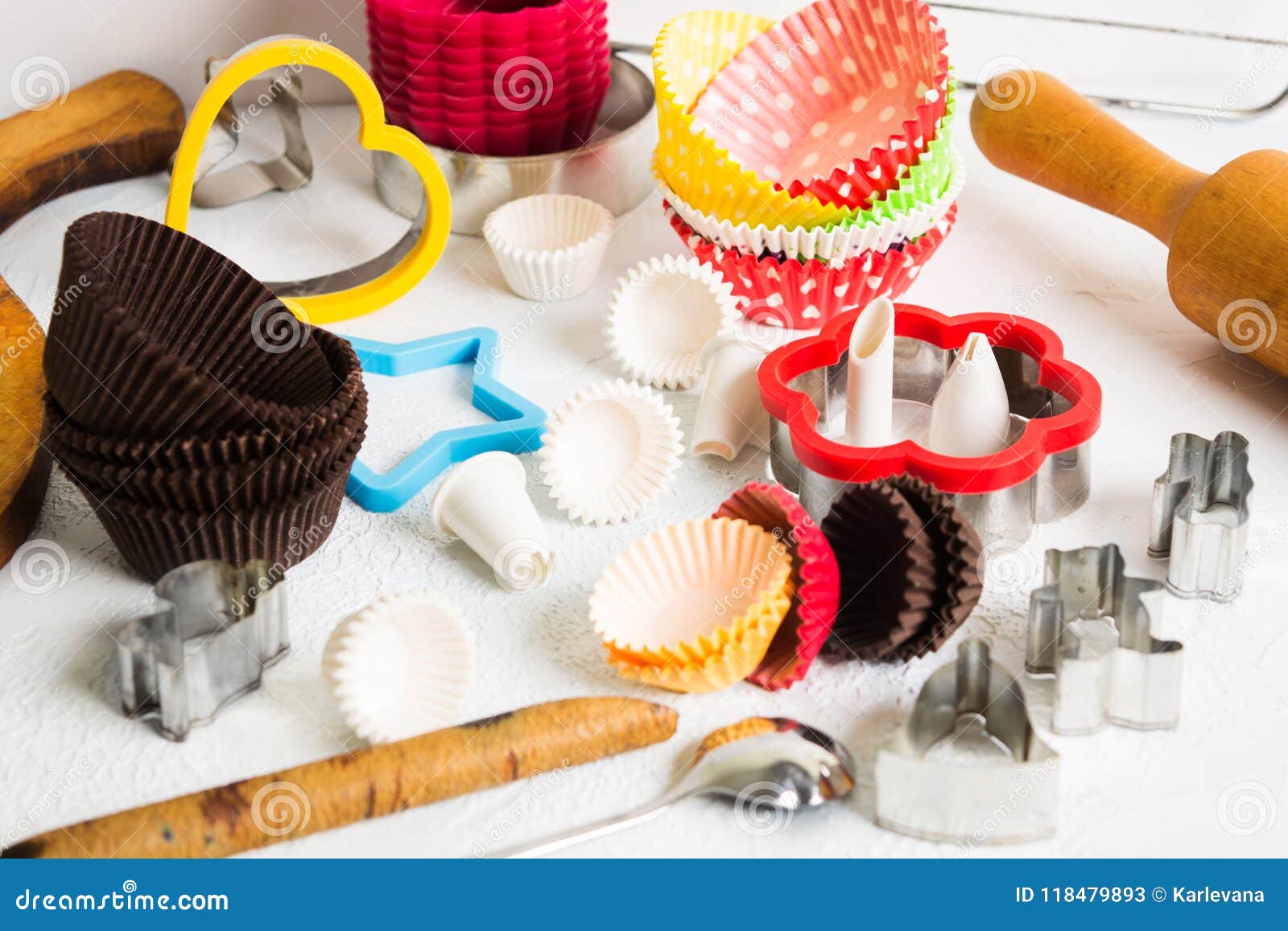 Different Colorful Baking Shapes, Cutters and Tools Over White T Stock ...