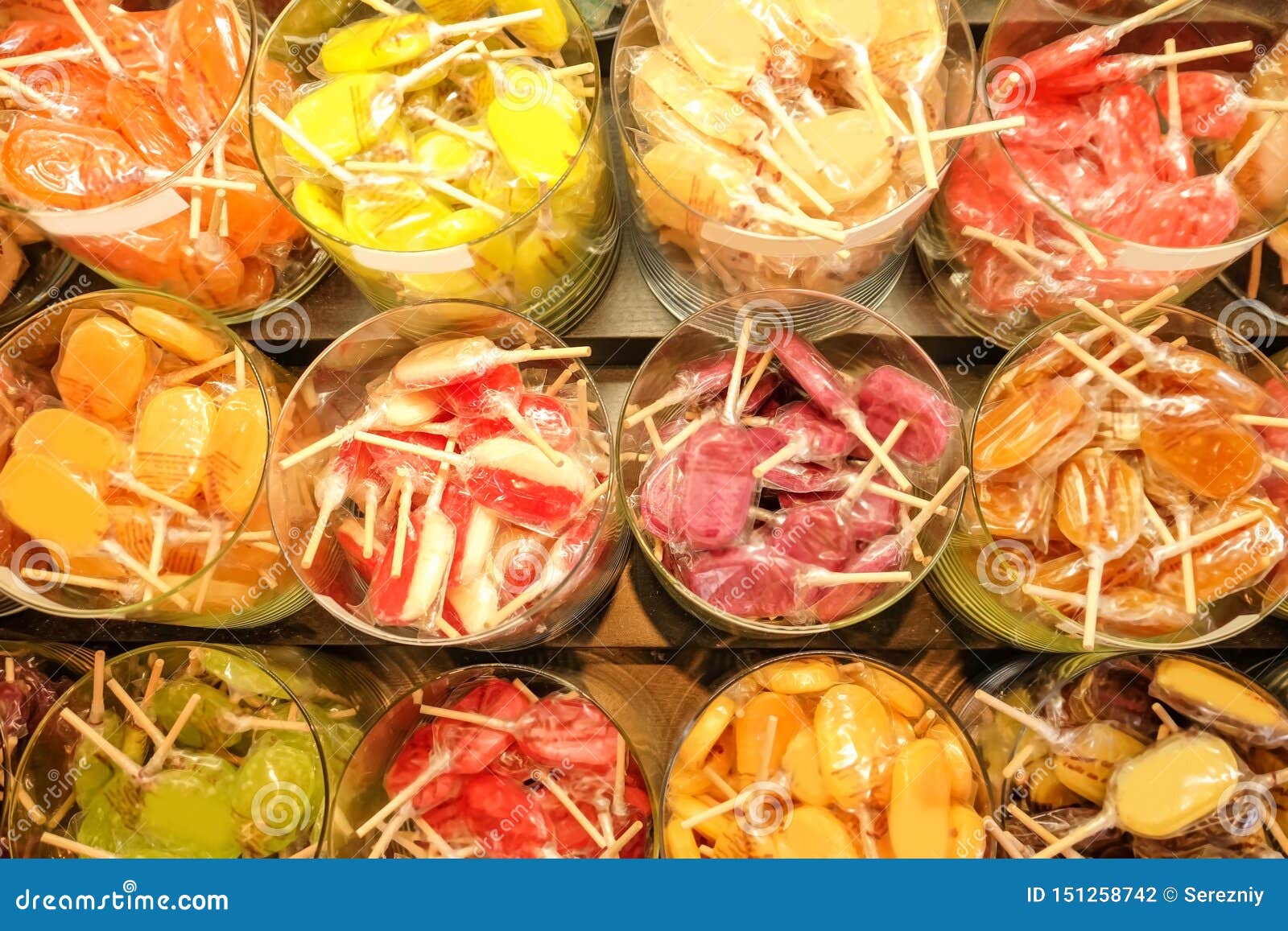 Different Colorful Candies in Glasses, Top View Stock Photo - Image of ...