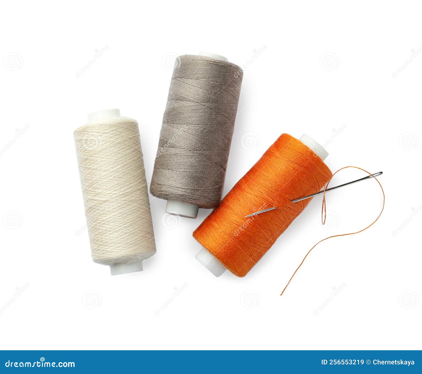 Different Colorful Sewing Threads and Needle on White Background, Top ...