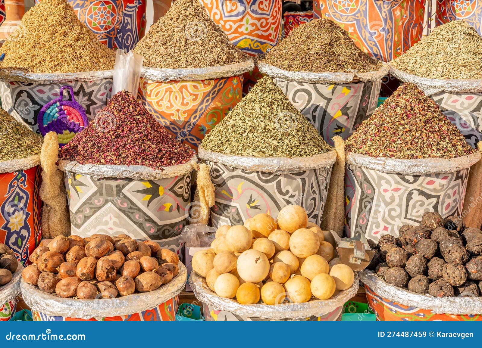 Different Colorful Spices in Baskets on the Shelves Stock Image - Image ...